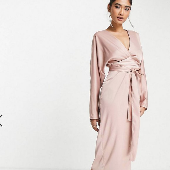 ASOS | Dresses | Asos Design Midi Dress With Batwing Sleeve And Wrap Waist In Satinin Pink ...